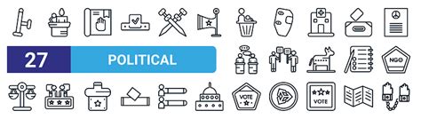 나이트 스틱 선거 후보 선서 용접공 항의 지지자 정치 선거 투표 배지 모바일 앱 웹에 대한 노예 벡터 아이콘과 같은 27 개의 얇은 선 정치 아이콘 세트 경찰봉에 대한 스톡