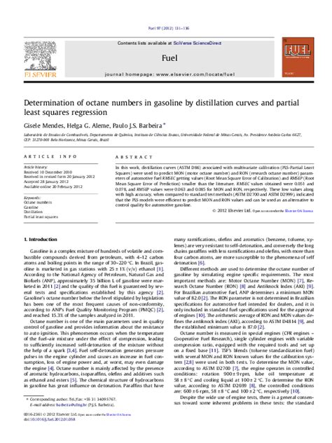 Pdf Determination Of Octane Numbers In Gasoline By Distillation Curves And Partial Least