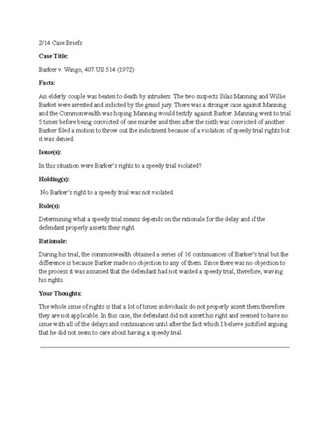 Case Briefs For Landmark Cases Barker V Wingo Strunk V Us Estes V