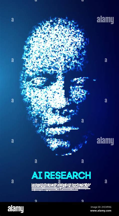 Low Poly Digital Face Made Of Blue Connected Particles Representing Artificial Intelligence