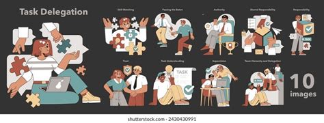 Task Delegation Set Series Illustrations Showcasing Stock Vector