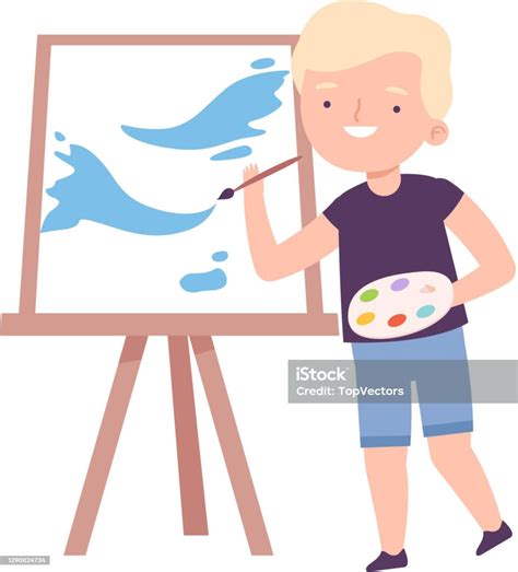 캔버스에 웃는 소년 그림 작은 예술가 캐릭터 그리기 바다 파도 페인트 만화 스타일 벡터 일러스트와 이젤에 스플래시 남성에 대한 스톡 벡터 아트 및 기타 이미지 Istock