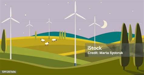 그린 필드 벡터 일러스트 레이 션의 풍력 터빈 녹색과 재생 가능 에너지 개념 0명에 대한 스톡 벡터 아트 및 기타 이미지 0명 2차 도형 기후 변화 Istock
