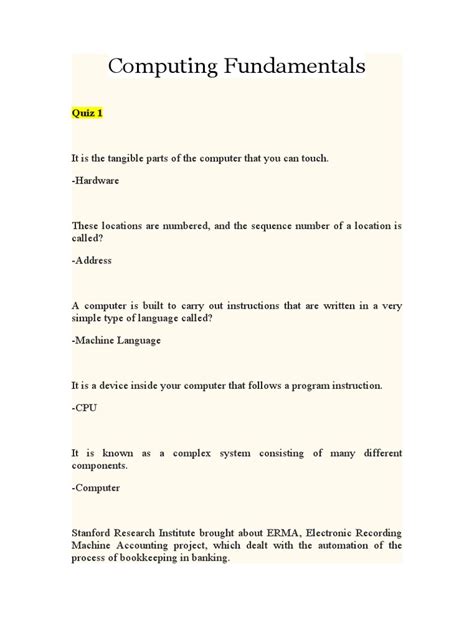 Computing Fundamentals Quiz 1 Pdf Spreadsheet Operating System