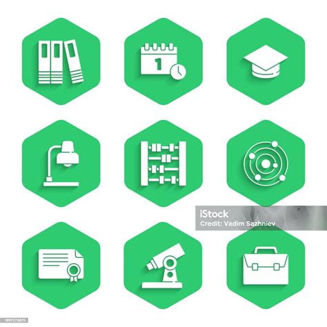 주판 현미경 서류 가방 태양계 인증서 템플릿 테이블 램프 졸업 모자 및 사무실 폴더 아이콘을 설정합니다 벡터 가방에 대한 스톡 벡터 아트 및 기타 이미지 Istock