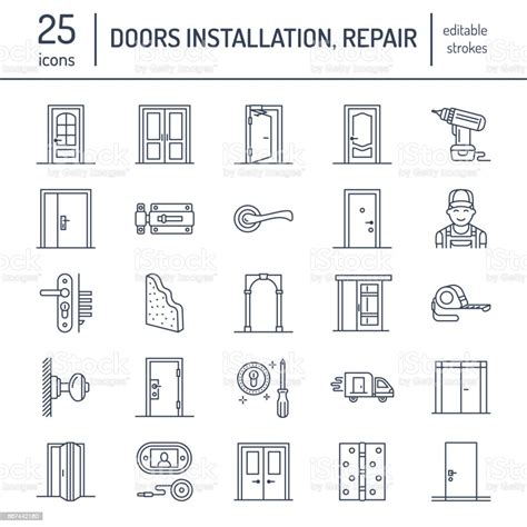 문 설치 수리 선 아이콘입니다 다양 한 문 유형 핸들 래치 자물쇠 경첩 집 장식 상점 허드 렛 일꾼 서비스에 대 한 인테리어 디자인 얇은 선형 표지판 문에 대한 스톡 벡터