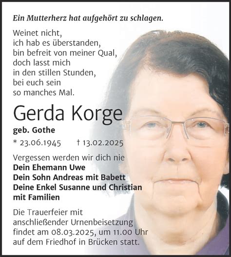 Traueranzeigen Von Gerda Korge Abschied Nehmen De