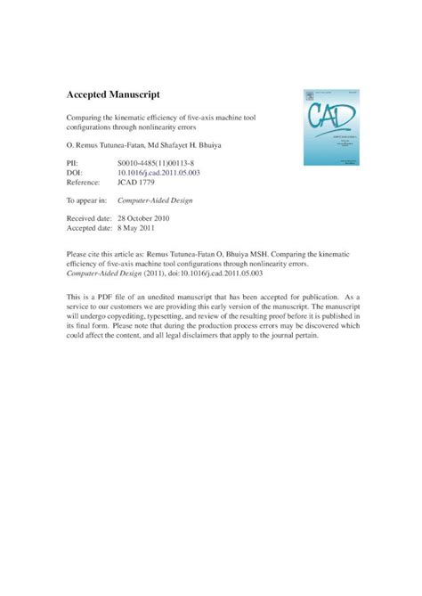 Pdf Comparing The Kinematic Efficiency Of Five Axis Machine Tool