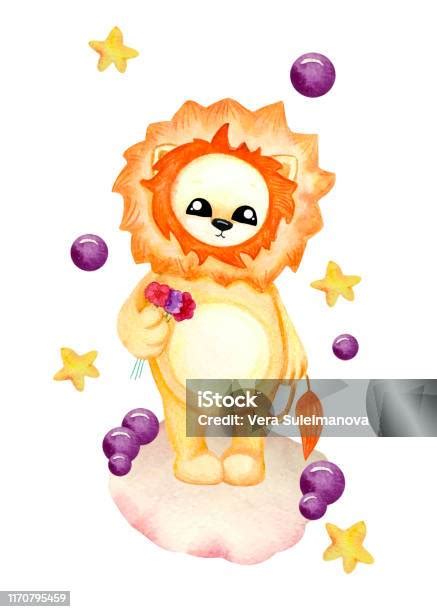 별에 둘러싸인 구름에 귀여운 사자의 수채화 그림 인사말 카드 초대장 어린이 직물 및 포스터를 인쇄합니다 0명에 대한 스톡 벡터 아트 및 기타 이미지 Istock