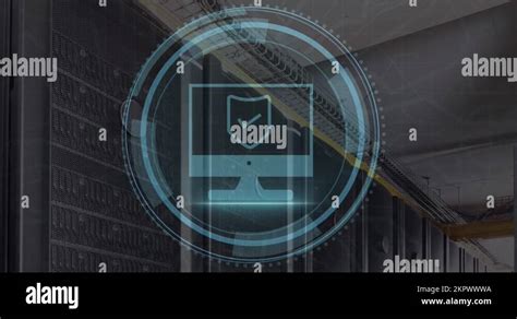 Cyber Security Text Over Round Scanner Against Empty Computer Server Room Stock Video Footage