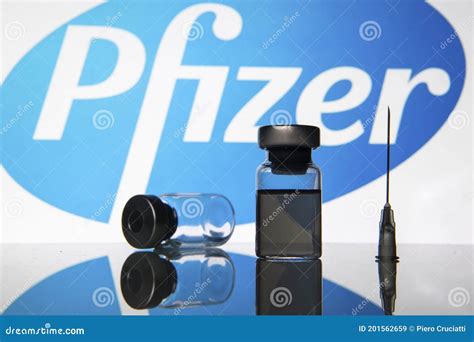 Vaccine Vials With Pfizer Logo In The Background Editorial Stock Image