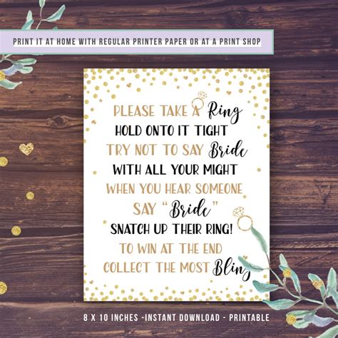Bridal Shower Game Dont Say Bride Wedding Shower Ring Game Printable