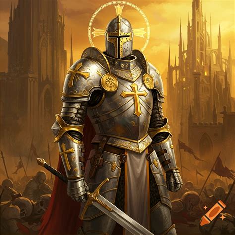 A Majestic Holy Knight In Ornate Armor Stands On A Battlefield Before A