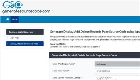 generate display add delete page source code online