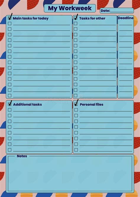 Weekly Task Work Planner With Checklist And Notes Section Stock