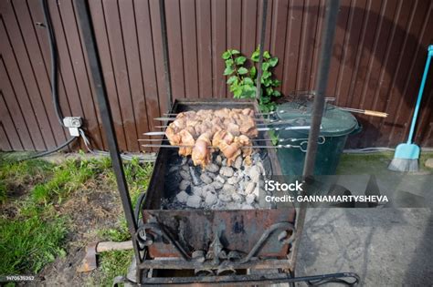 개인 주택의 뒤뜰에서 여름날 열린 불에 케밥과 고기와 함께 바베큐 피크닉 바베큐그릴에 대한 스톡 사진 및 기타 이미지 바베큐