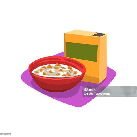 빨간 그릇 우유와 콘플레이크 가득한입니다 아침 식사 컨셉입니다 빠른 음식입니다 안녕하세요 프로 모션 게시 또는 배너 만화 평면 벡터 디자인 귀여운에 대한 스톡 벡터 아트 및