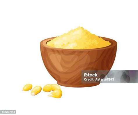 씨앗이있는 나무 그릇에 옥수수 가루 건강한 글루텐 프리 식품 유기농 제품에 파우데 흰색 배경에 고립된 벡터 일러스트 레이 션 옥수수 분말에 대한 스톡 벡터 아트 및 기타