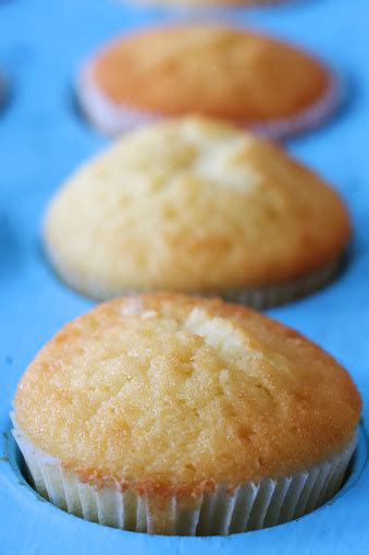 청록색 종이 케이크 케이스에 조리된 수제 바닐라 컵케이크 행이 포함된 머핀 베이킹 트레이의 전체 프레임 이미지 홈 베이킹 고가 뷰 전경에 초점 0명에 대한 스톡 사진 및