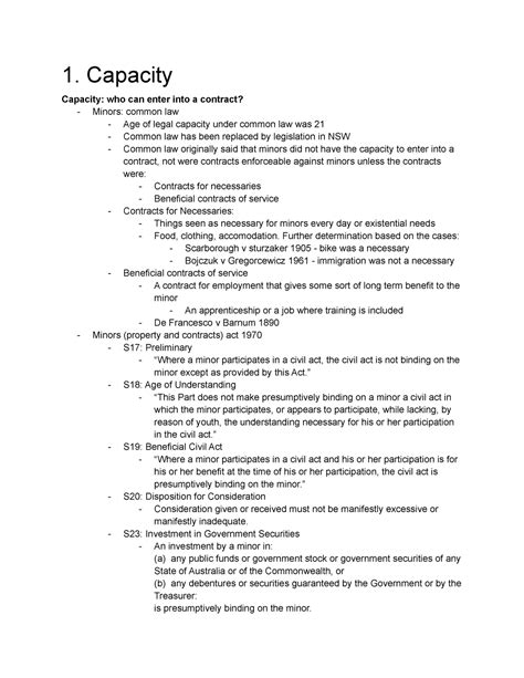 Contracts Notes 1 Capacity Capacity Who Can Enter Into A Contract Minors Common Law