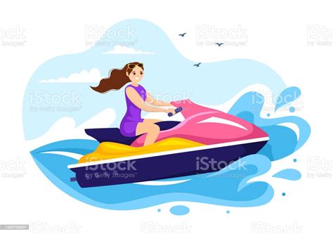 사람들은 제트 스키 그림 여름 휴가 레크리에이션 익스트림 수상 스포츠 및 리조트 해변 활동을 손으로 그린 평면 만화 템플릿을