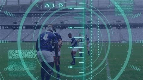 Animation Of Data Processing And Scope Scanning Over Diverse Male Rugby Players Stock Footage
