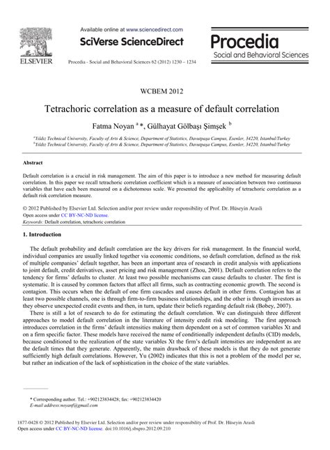 Pdf Tetrachoric Correlation As A Measure Of Default Correlation