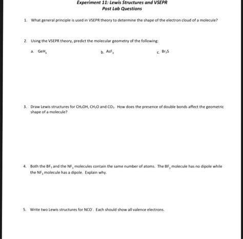 Solved Experiment 11 Lewis Structures And VSEPR Post Lab Chegg Com