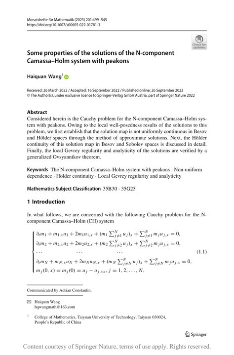 some properties of the solutions of the n component camassa holm system