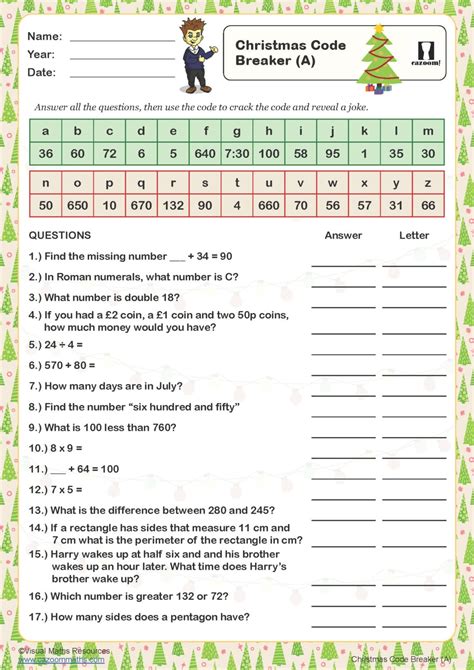 Christmas Code Breaker A Worksheet Cazoom Maths Worksheets