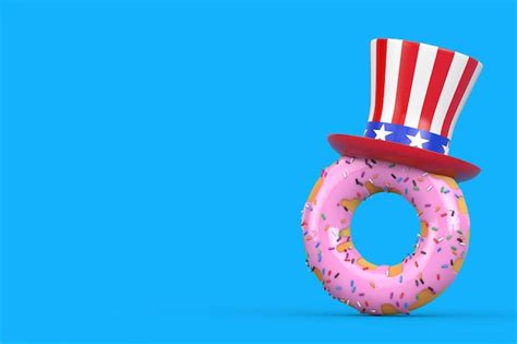 Premium Photo Big Strawberry Pink Glazed Donut With Uncle Sams American Hat 3d Rendering
