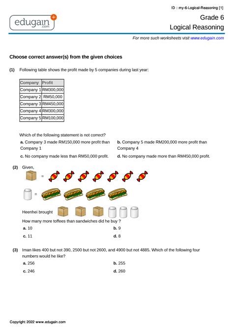 Grade 6 Logical Reasoning Question Id My 6 Logical Reasoning [1] Copyright 2022 Edugain