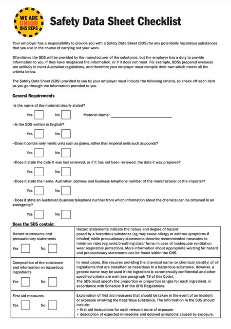 Safety Data Sheet Checklist Ohs Reps