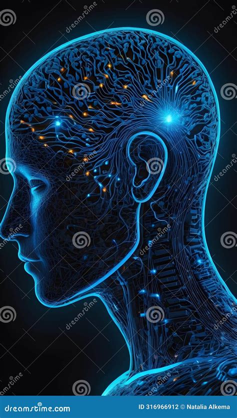 Cybernetic Brain Within A Human Outline Futuristic Technology Themes Concept Ai Illustration