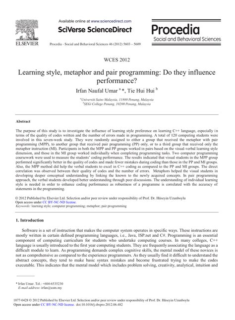 Pdf Learning Style Metaphor And Pair Programming Do They Influence