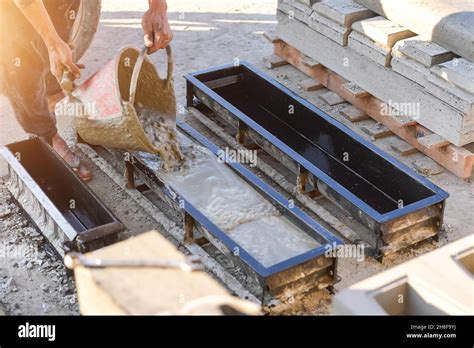 Constuction Details Worker Laying Cement Or Concrete With Brickblock Construction Worker