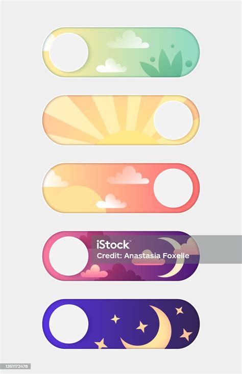 주간 및 야간 모드 스위처 전화 화면의 켜기 및 끄기 토글 버튼 인터페이스를 위한 Ux Ui 디자인입니다 라이트 백에서 격리된 벡터 그림 아침에 대한 스톡 벡터 아트 및