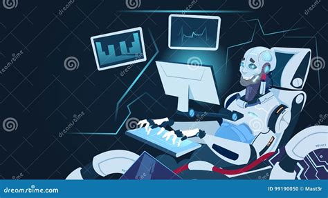 Modern Robot Working On Computer Futuristic Artificial Intelligence