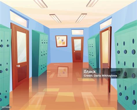 학교 개방형 및 폐쇄 문이있는 대학 복도 보관 사물함 게시판 어린이 게임 이나 웹에 대 한 만화 벡터 그림 교육에 대한 스톡 벡터 아트 및 기타 이미지 Istock
