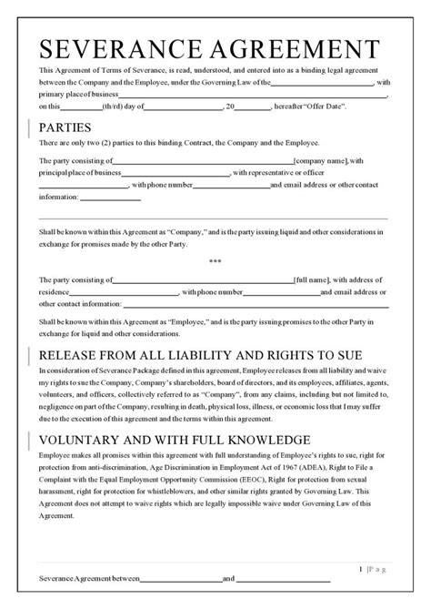 Printable Severance Agreement Template