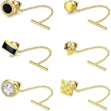 Jstyle 6pcs Tie Tacks For Men Tie Pin With Chain 14k Gold Plated Tie