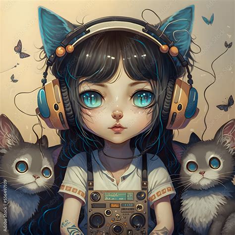 Cute Kawaii Anime Brunette Girl Wearing Headphones With Cat Ears
