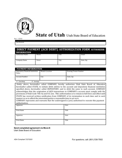 Utah Direct Payment Ach Debit Authorization Form Fill Out Sign Online And Download Pdf