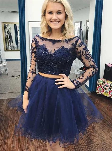 Blue Two Piece Long Sleeve Tulle Homecoming Dresses With Applique