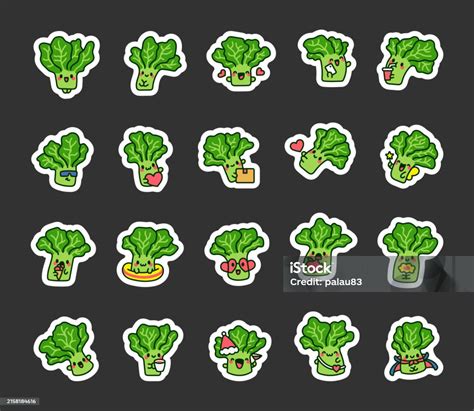 귀여운 카와이 시금치 스티커 책갈피 사랑스러운 만화 음식 캐릭터입니다 손으로 그린 스타일입니다 벡터 그리기 디자인 요소 모음