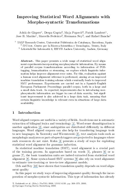 pdf improving statistical word alignments with morpho syntactic
