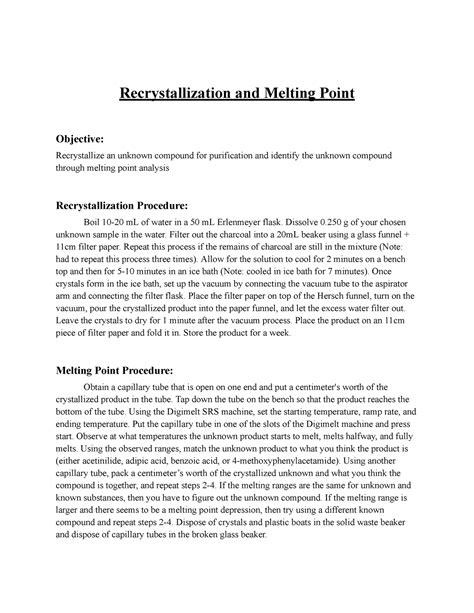 Recrystallization And Melting Lab Report Recrystallization And Melting Point Objective Studocu