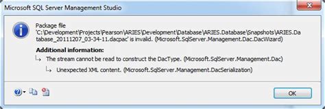 Sql Server Dacpac File And Deploying Data Tier Application Error Stack Overflow