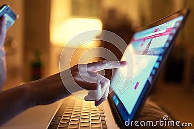 Close Up On Female Touching On The Computer Screen Stock Photo CartoonDealer Com 148190856