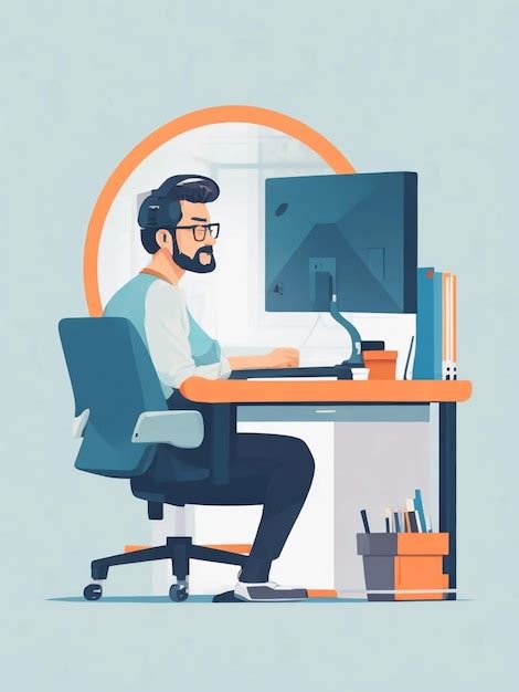Premium Ai Image A Man Character Sitting On Office Working On Computer